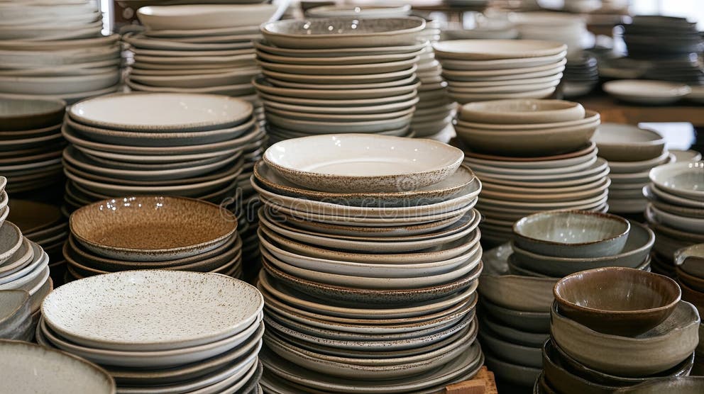 Symmetrical Stack of Ceramic Dinner Plates in Neutral Colors Background ...