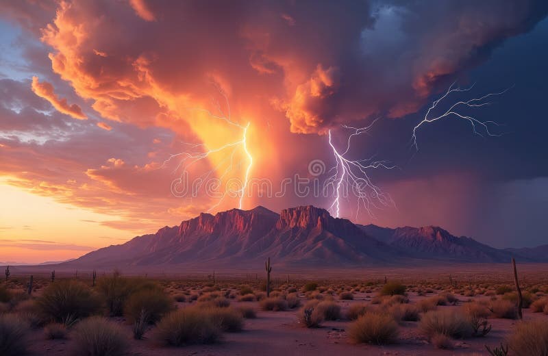 Symmetrical Thunderstorm with Lightnings Over Superstition Mountains in Arizona Desert at Sunset ...