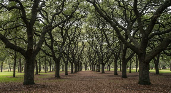 A Symmetrical Tree-lined Pathway Featuring Mature Oak Trees (Quercus ...