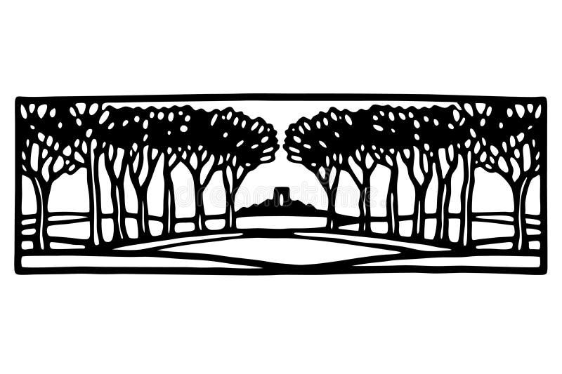 Symmetrical Tree Lined Pathway with Scenic Hillside View in Black and ...