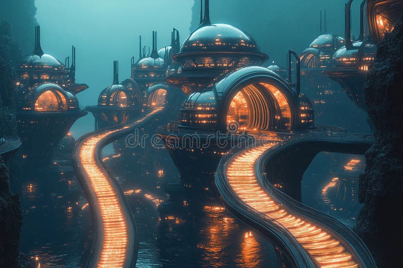 Symmetrical Underwater City Features Bubble-like Domes and Illuminated ...