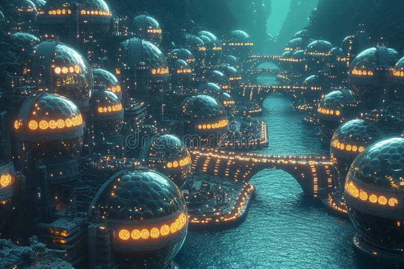 Symmetrical Underwater City Features Bubble-like Domes and Illuminated ...