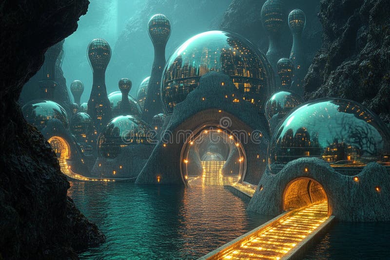 Symmetrical Underwater City Features Bubble-like Domes and Illuminated ...