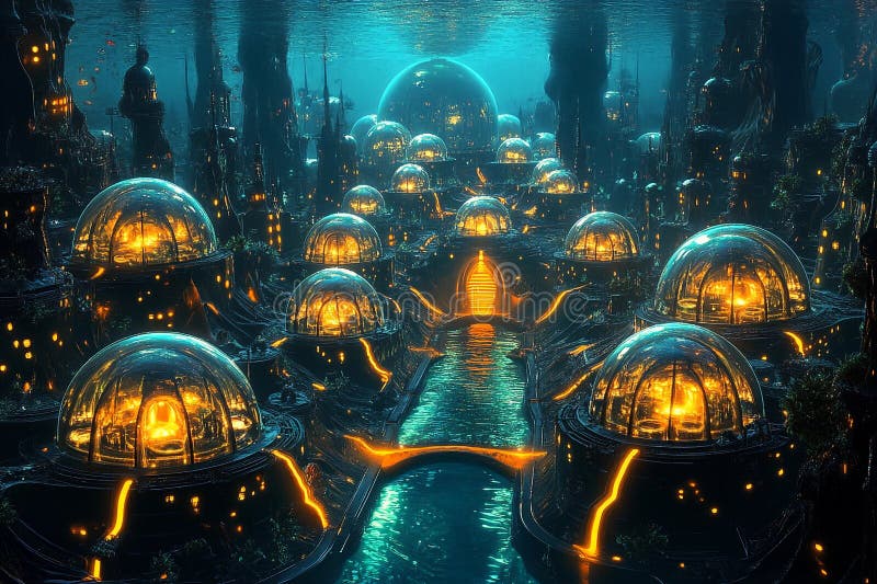 Symmetrical Underwater City Features Bubble-like Domes and Illuminated ...