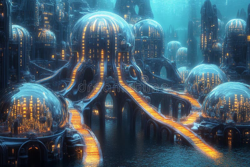 Symmetrical Underwater City Features Bubble-like Domes and Illuminated ...