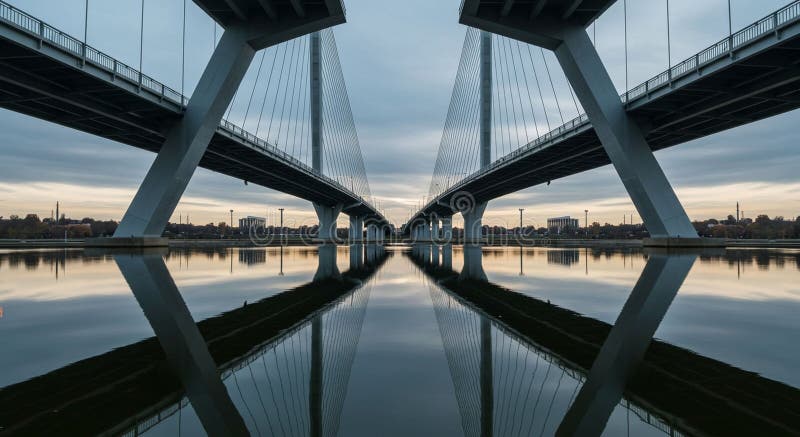Symmetrical View of a Cable-stayed Bridge Reflected in Calm Water ...
