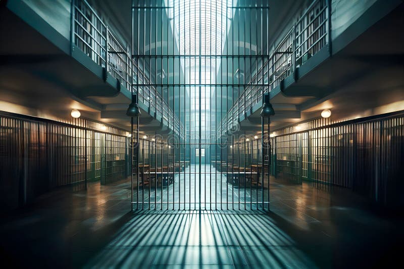 Symmetrical View of a Prison Hallway with Cell Doors Under Artificial ...
