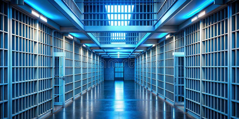 Symmetrical View of Prison Jail Cells with Iron Bars and Blue Lighting ...