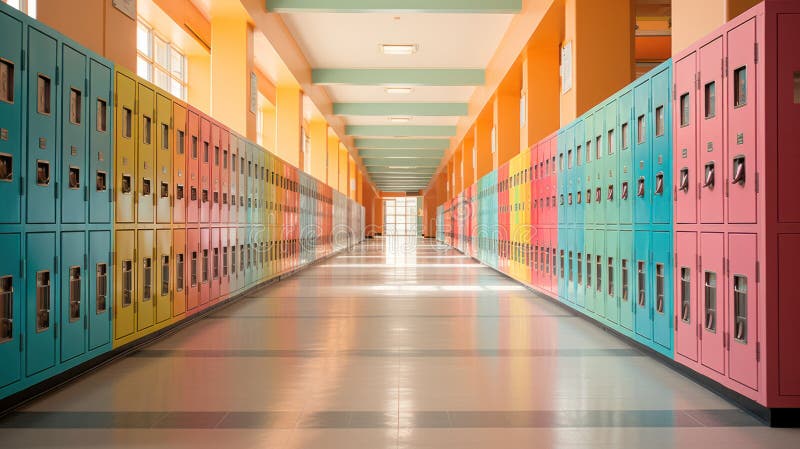 Symmetrical View of a School Hallway with Brightly Colored Lockers on ...