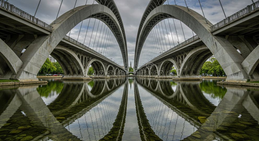 Symmetrical View of Two Large, Parallel Concrete Arch Bridges Reflected ...