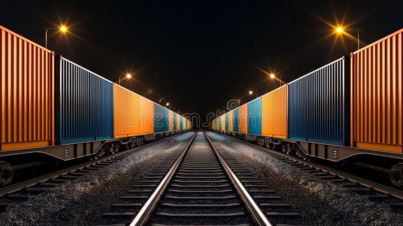 Symmetrical View of Two Parallel Freight Trains at Night with ...