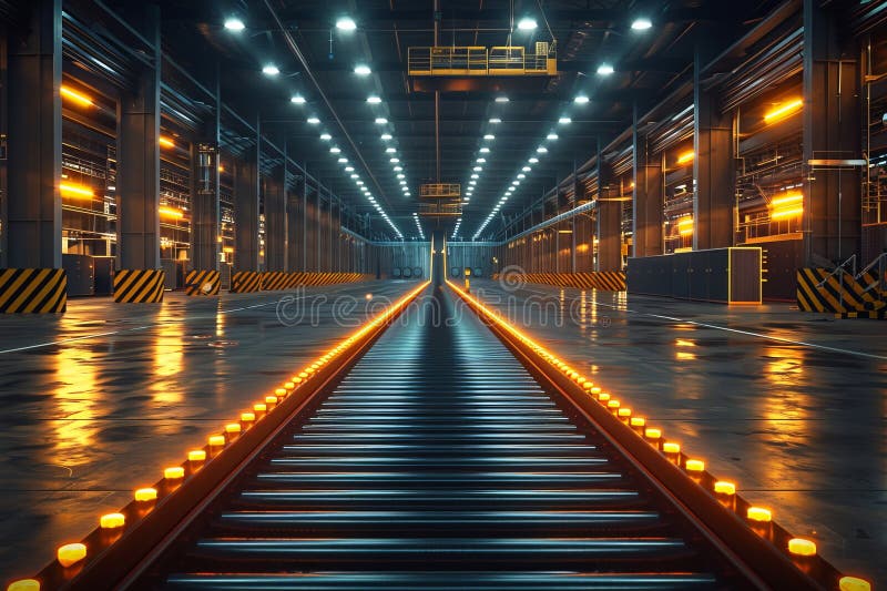 Symmetrical Warehouse Track with Bright Lighting Fixtures Stock Image ...