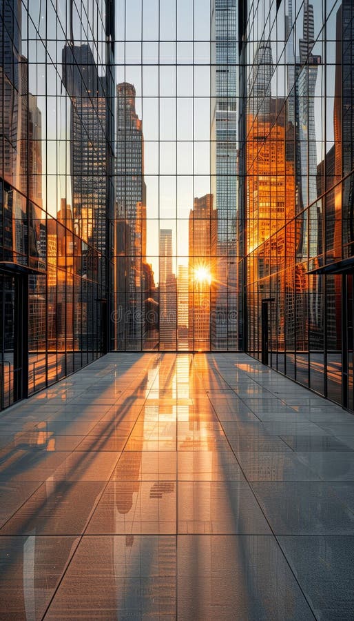 Symmetrical Windows in Modern Glass Building at Sunset with Reflective ...