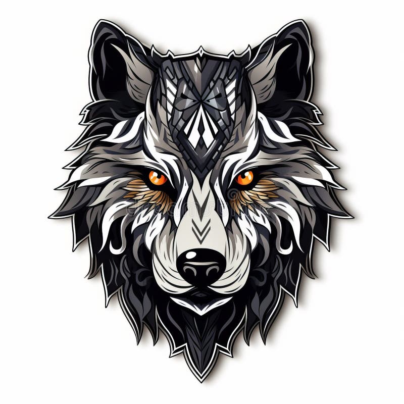 Symmetrical Wolf Head Sticker Design with Ornate Pattern Stock ...