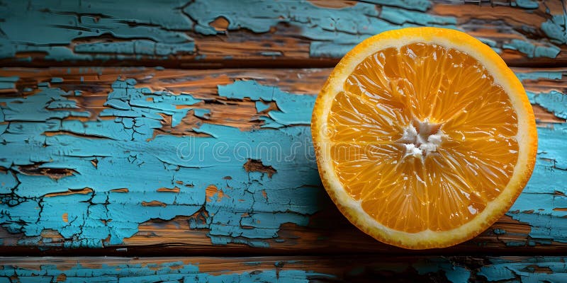 Symmetrically Arranged Orange Half on Teal Wooden Canvas Stock ...