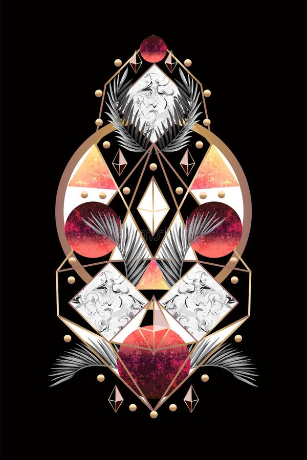 Symmetry Abstract Design Banner or Print with Palm Leaves and Triangles ...