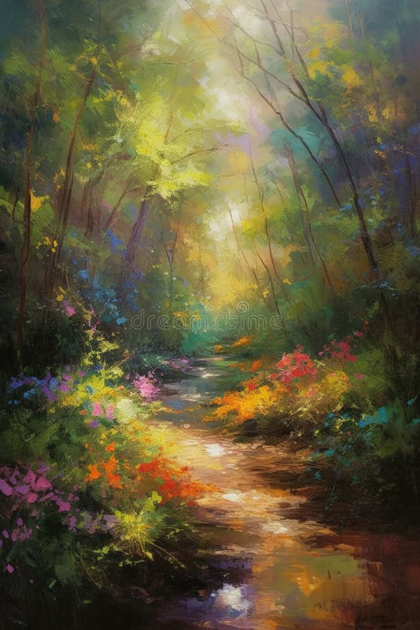 A Symphony of Colors: Impressionism Painting in the Forest. Stock ...