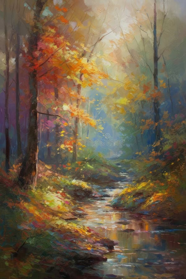 A Symphony of Colors: Impressionism Painting in the Forest. Stock ...