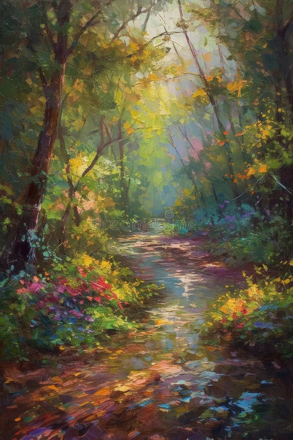 A Symphony of Colors: Impressionism Painting in the Forest. Stock ...