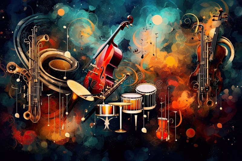Symphony of Musical Notes and Instruments on an Abstract Background ...