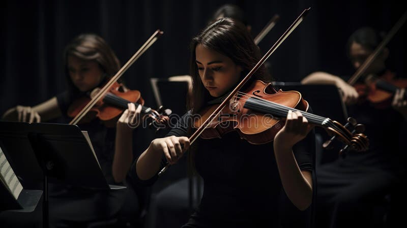 Symphony Orchestra First Violin Section Performing on Dark Background ...