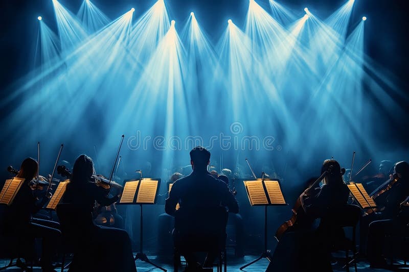 Symphony Orchestra Performing on Stage Under Blue Lights Stock Photo ...