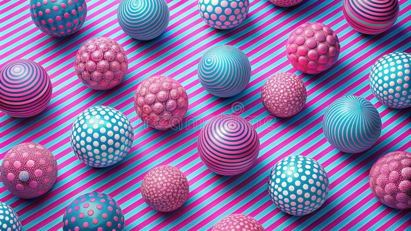 A Symphony of Patterns: Pink and Blue Balls on a Vibrant Striped Canvas ...