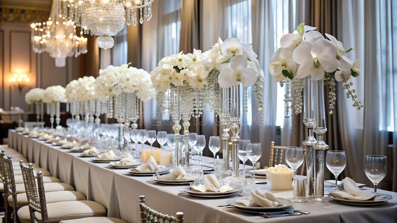 A Symphony of Silver: a Luxurious Banquet Table in a Grand Ballroom ...