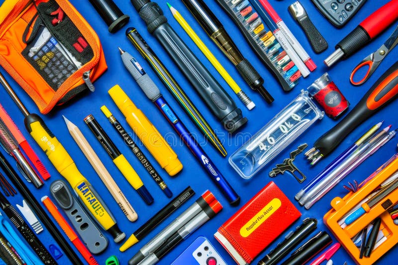 A Symphony of Tools and Implements, Laid Out on a Vibrant Blue Surface ...