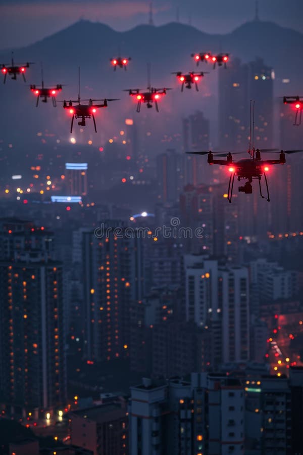 Synchronized Drones Performing Light Show Over City Skyline at Night ...