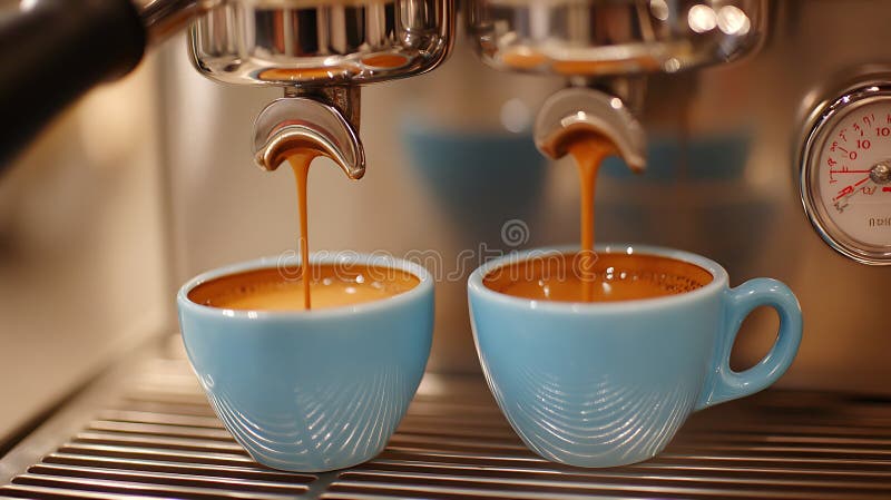 Synchronized Dual Espresso Shot Extraction into Light Blue Textured ...