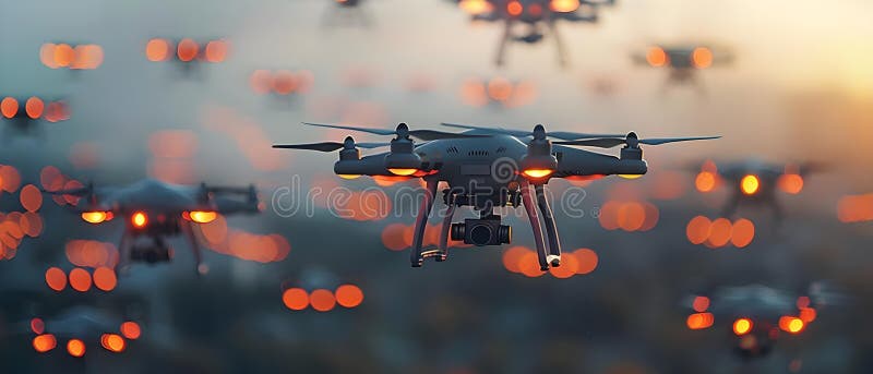 Synchronized Swarm of AI Drones at Dusk. Concept Swarm Robotics ...