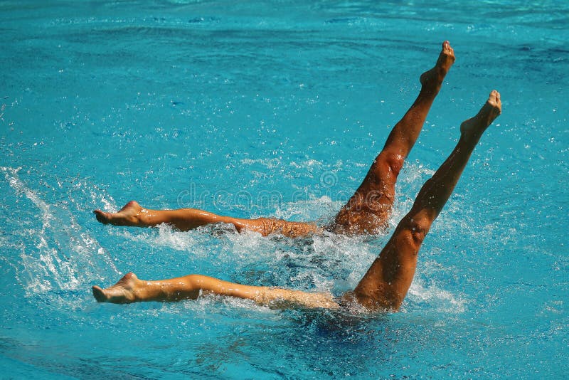 Synchronized Swimming Duet during Competition Stock Image - Image of ...