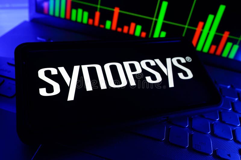 Synopsys Logo Company Branding Logo on Screen with Stock Chart ...