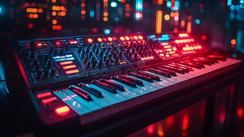 Synth Keyboard with Colorful Lights in a Dark Studio Stock Illustration ...