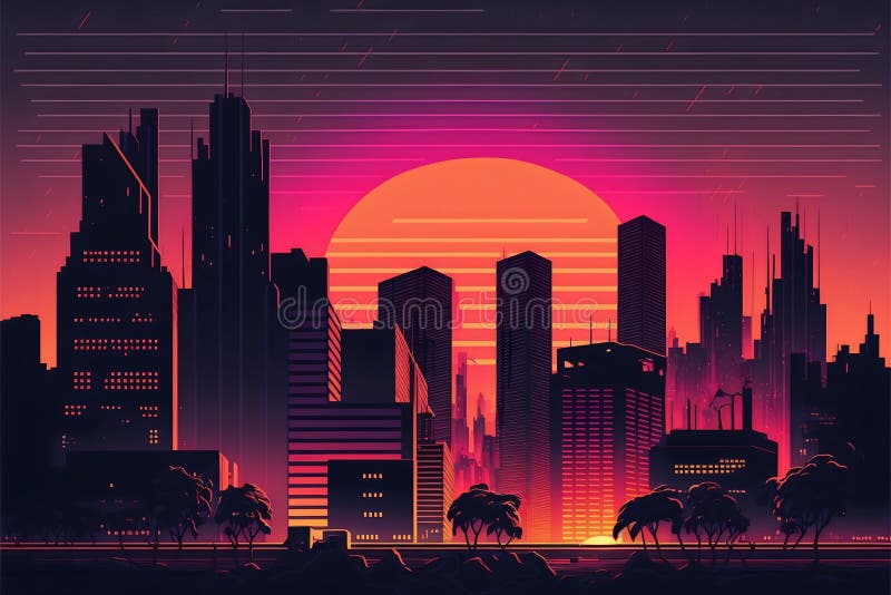 Synth Wave Retro City Landscape Background at Sunset. Generative AI ...