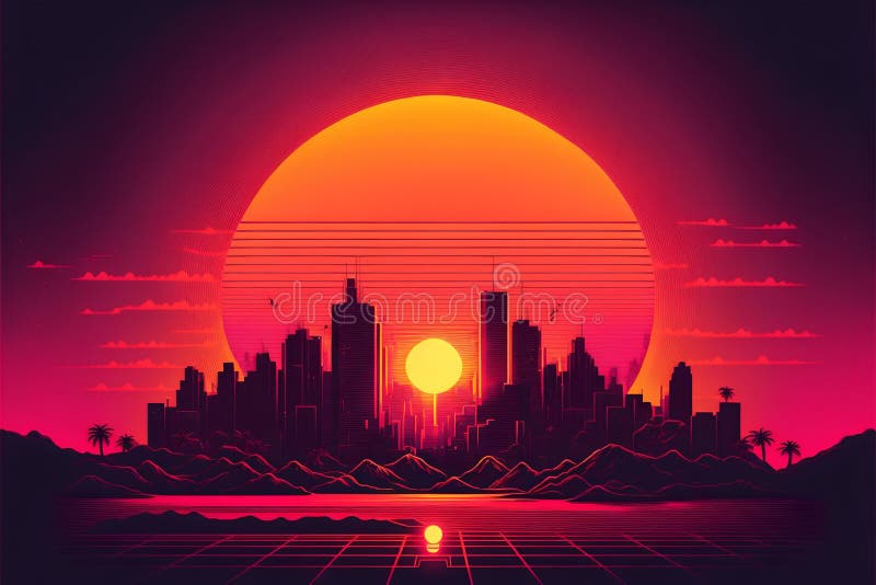 Synth Wave Retro City Landscape Background at Sunset. Generative AI ...