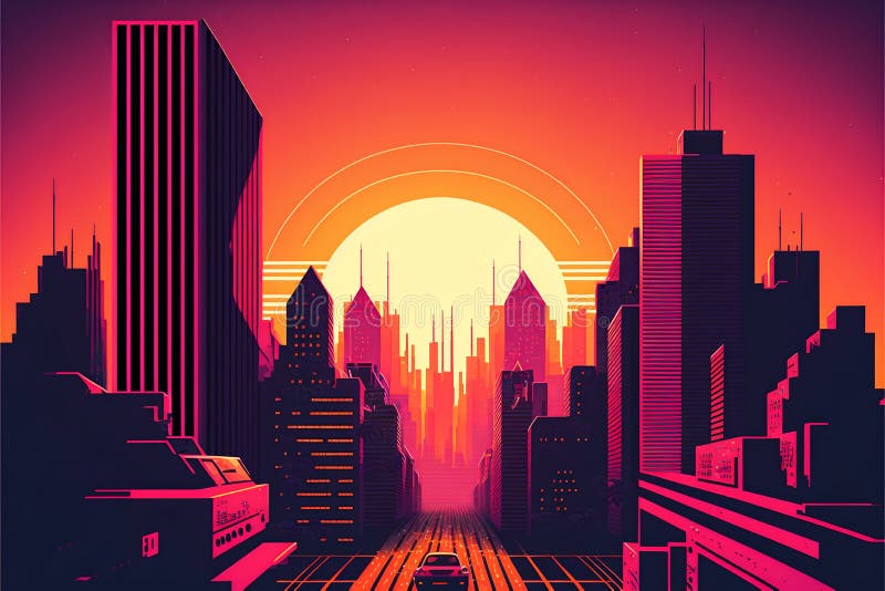 Synth Wave Retro City Landscape Background at Sunset. Generative AI ...