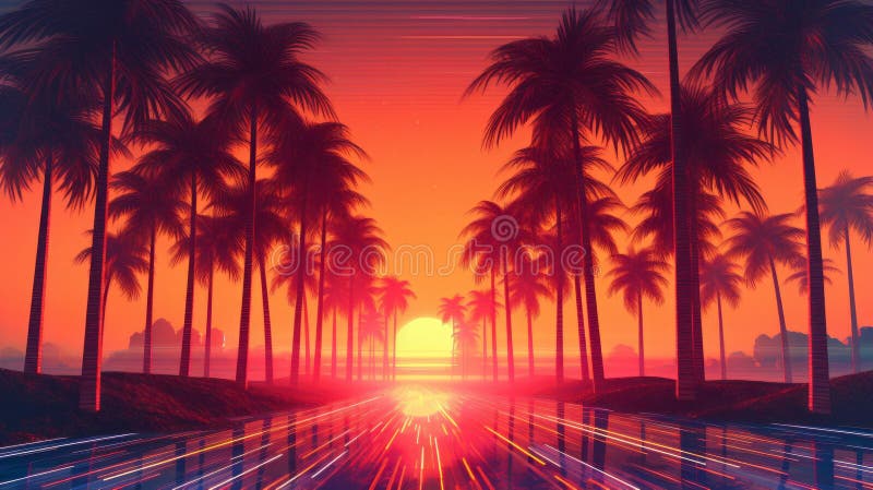 Synthase Sunset Landscape with Palm Trees 80s Retro. Generative AI ...