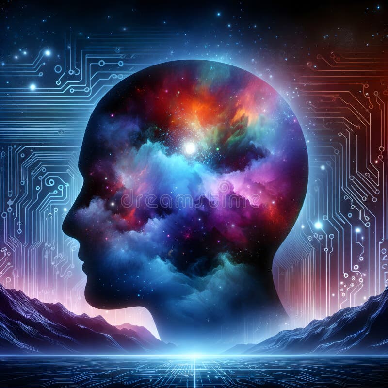 Synthesis of the Cosmic Mind and Digital Frontiers Stock Image - Image ...