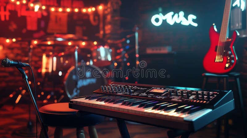 Synthesizer in a Cozy Music Studio with Instruments and Warm Lighting ...