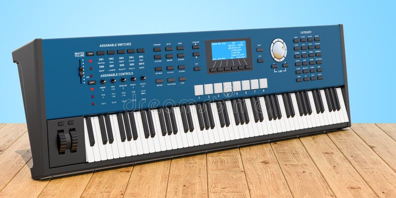 Synthesizer, Digital Piano on the Wooden Planks, 3D Rendering Stock ...