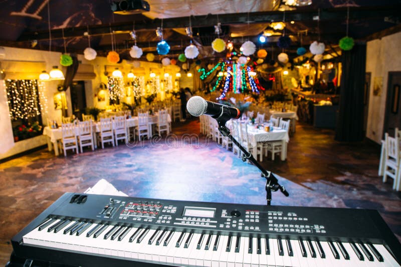 Synthesizer and Microphone on Stage Stock Photo - Image of party, show ...