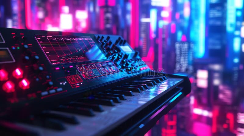 Synthesizer with Vibrant Cityscape in Neon Lights Stock Image - Image ...