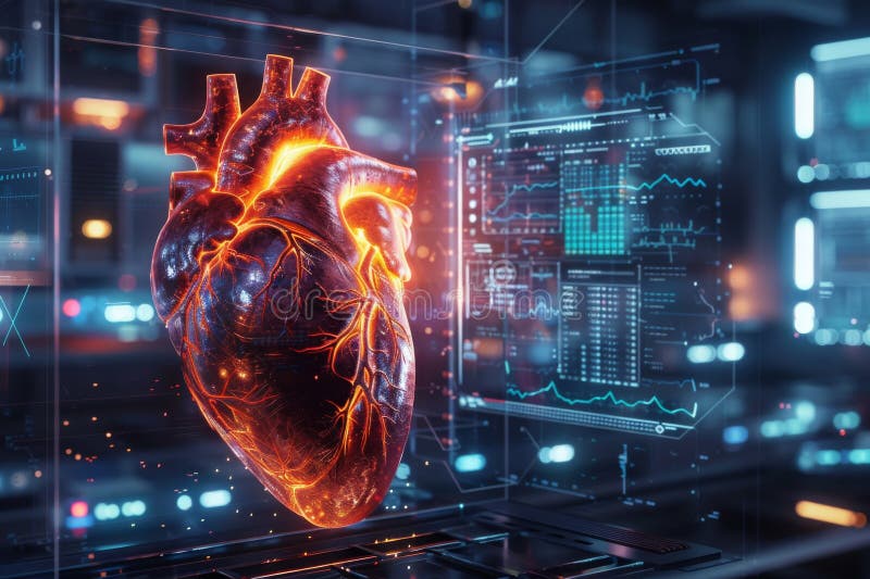 Synthetic Bionic Heart Connected To Digital Monitors Soft Glowing Light ...
