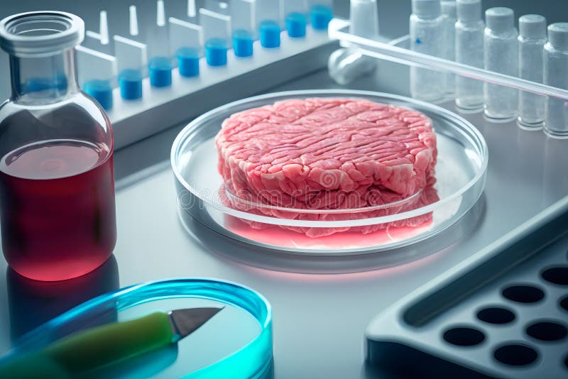 Synthetic Meat in a Petri Dish on the Background of the Laboratory ...