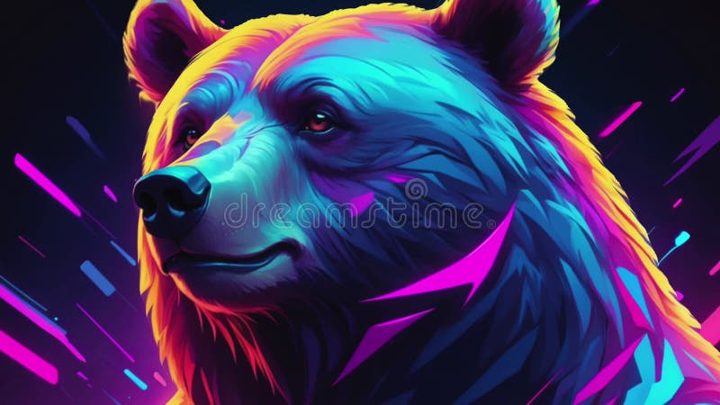 Synthwave Bear Neon Portrait Close-up on Dark Background. 3D Loop ...