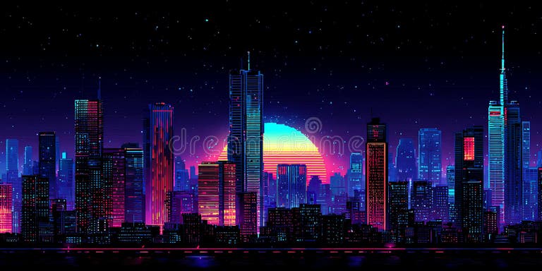 Synthwave Cityscape Nighttime Metropolis Panorama Stock Illustration ...