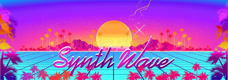 Synthwave Cyber Landscape with Laser Grid Stock Vector - Illustration ...