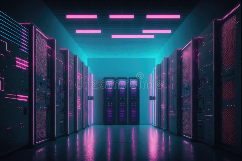 Synthwave Data Server with Computer Racks Stock Illustration ...